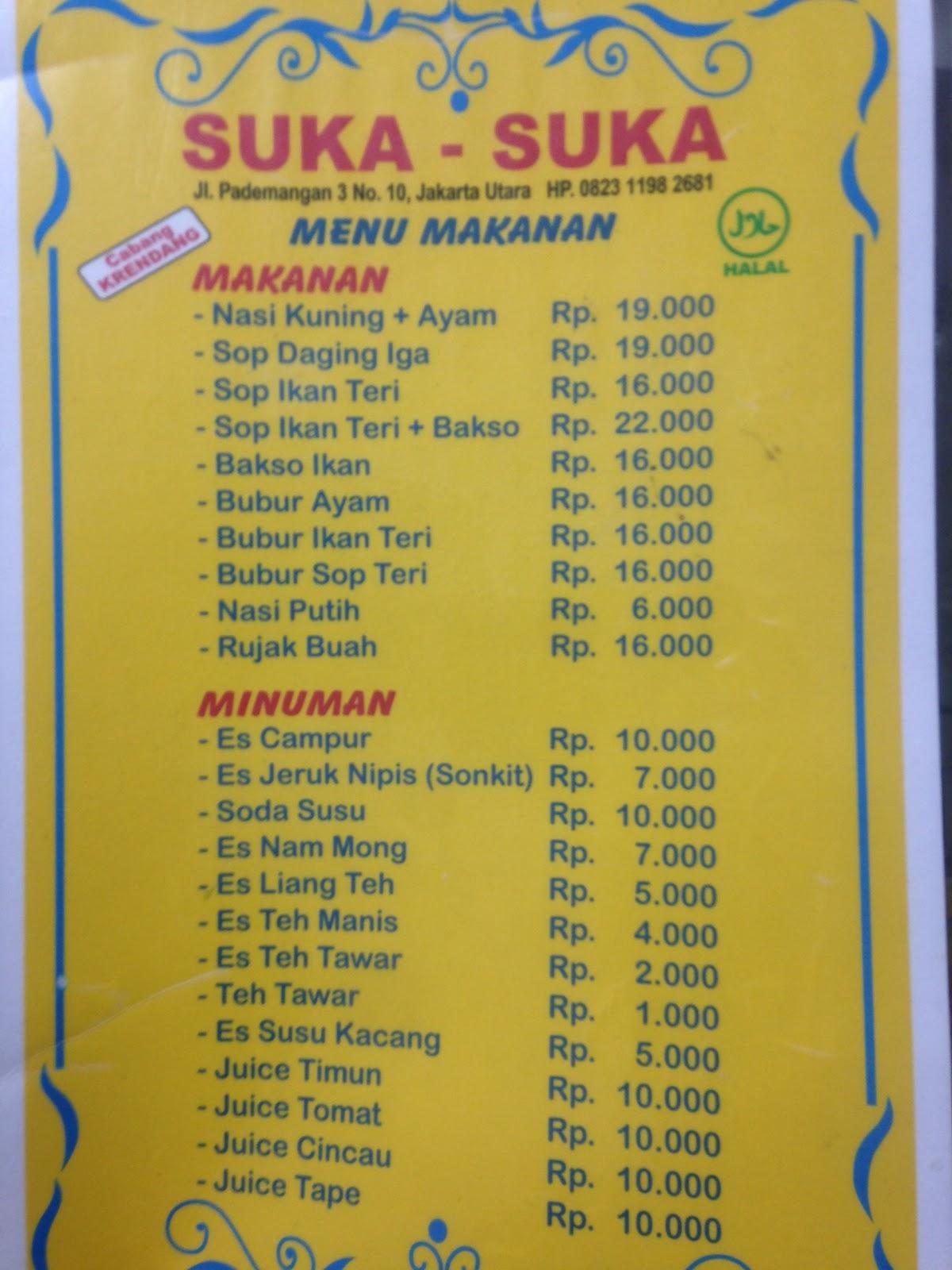Menu at Nasi kuning suka suka restaurant, Jakarta