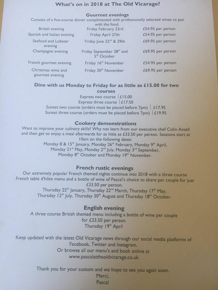 Menu at Pascal at The Old Vicarage restaurant, Burton upon Trent