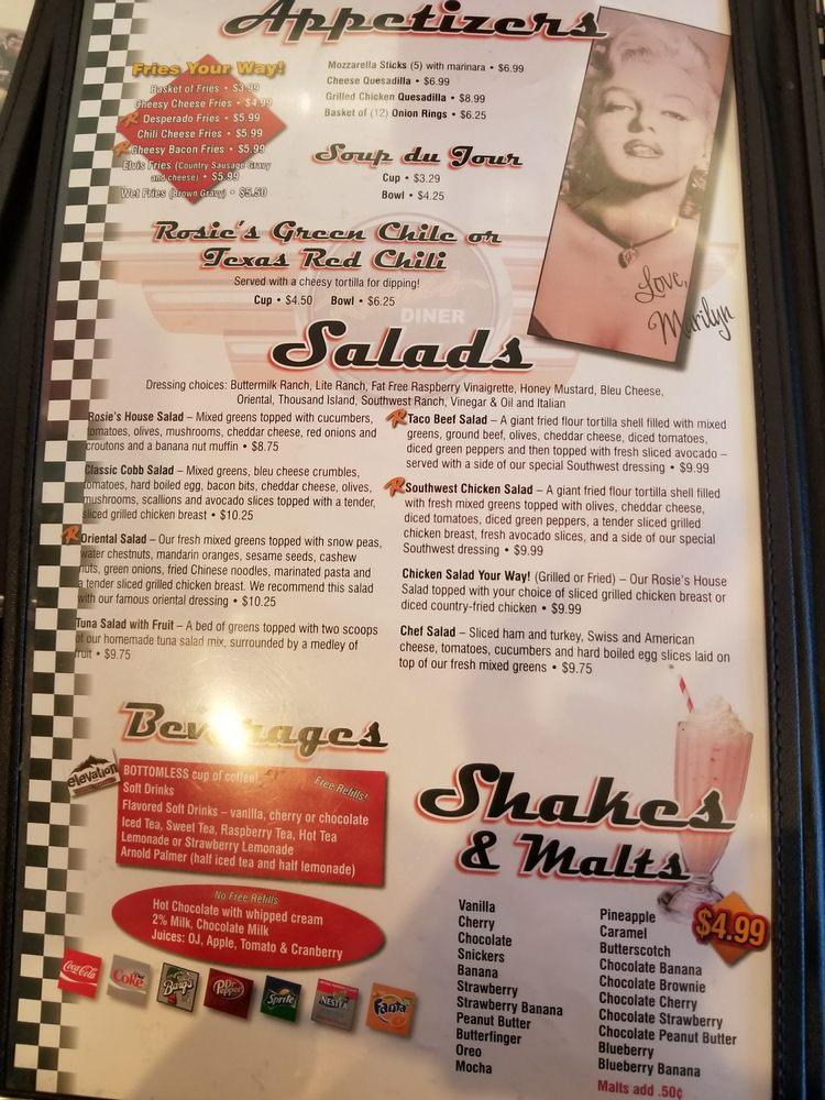 Menu at Rosie's Diner restaurant, Monument