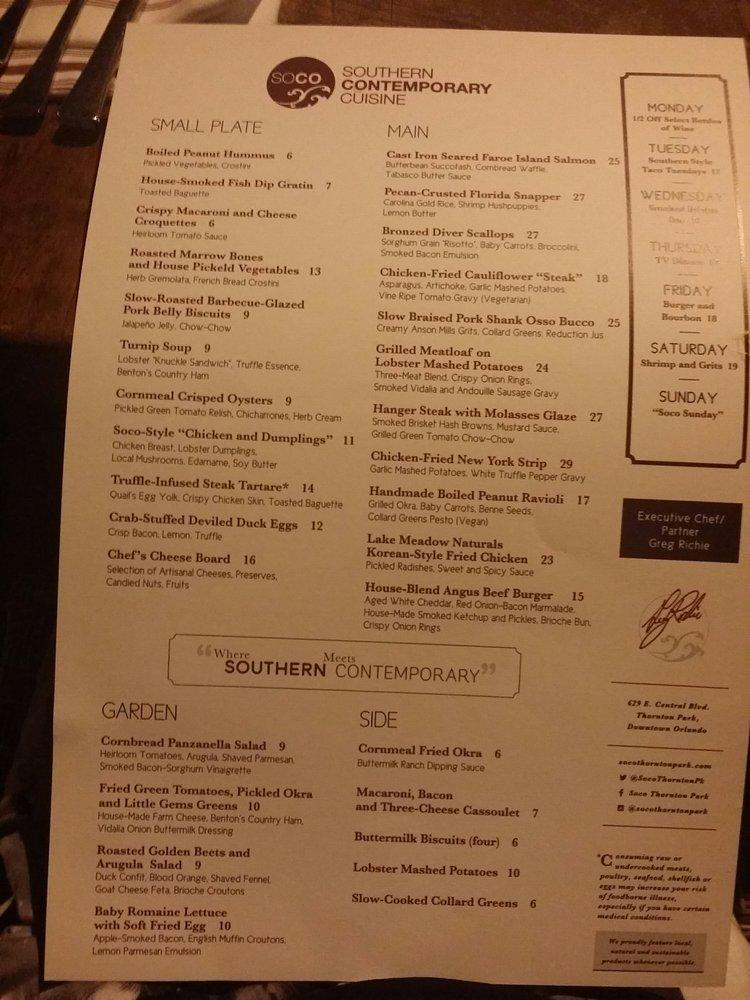 Menu at Soco Restaurant, Orlando