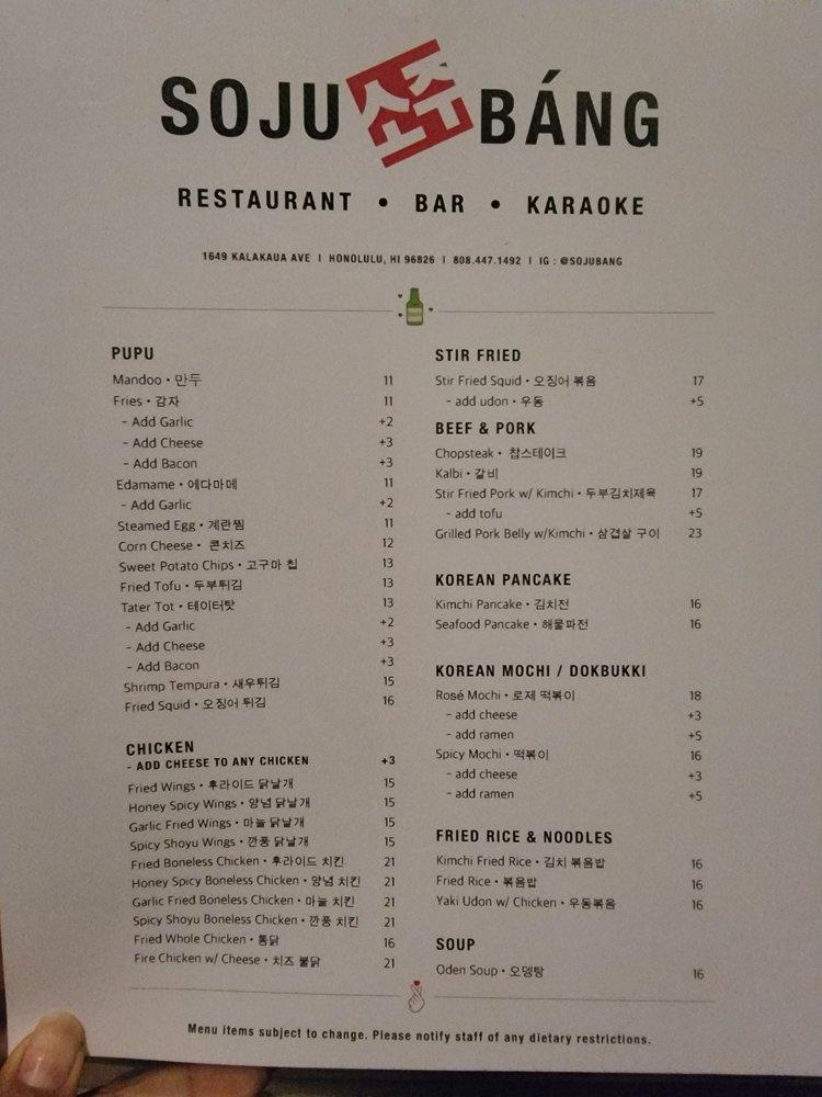 Menu at Soju Bang pub & bar, Honolulu