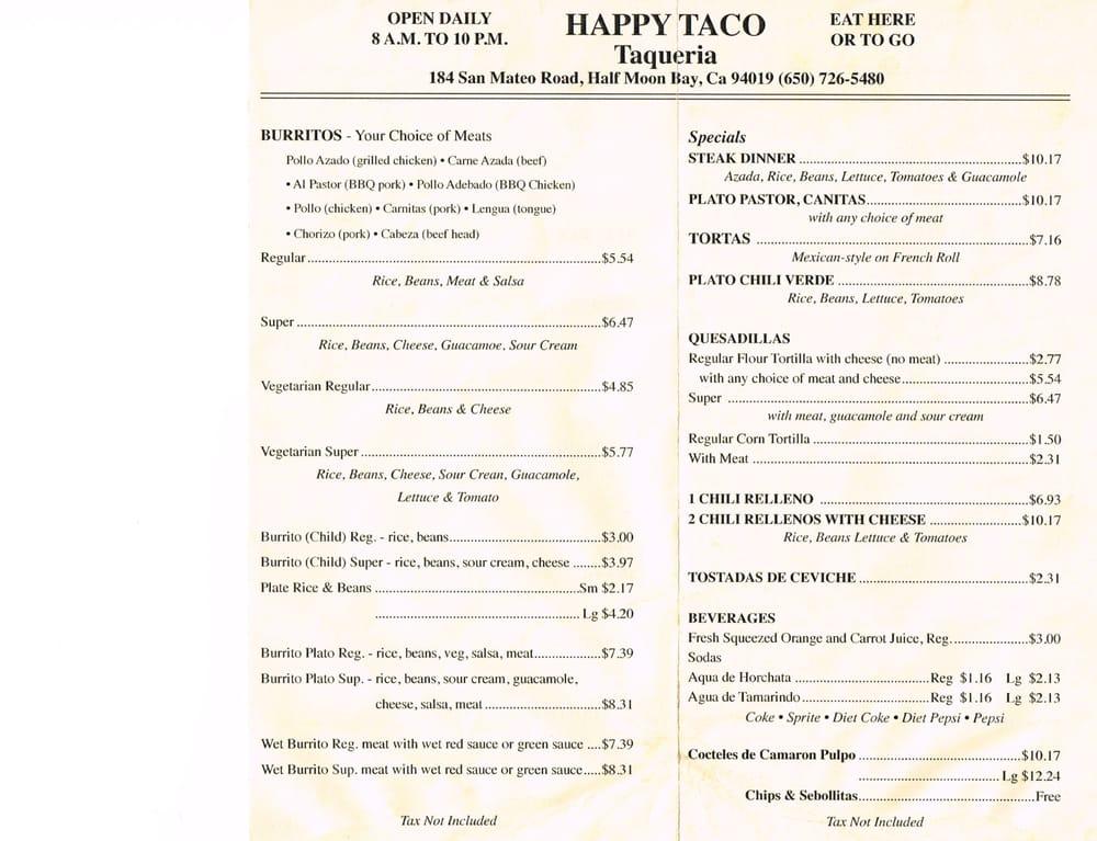 Menu at The Happy Taco Taqueria restaurant, Half Moon Bay