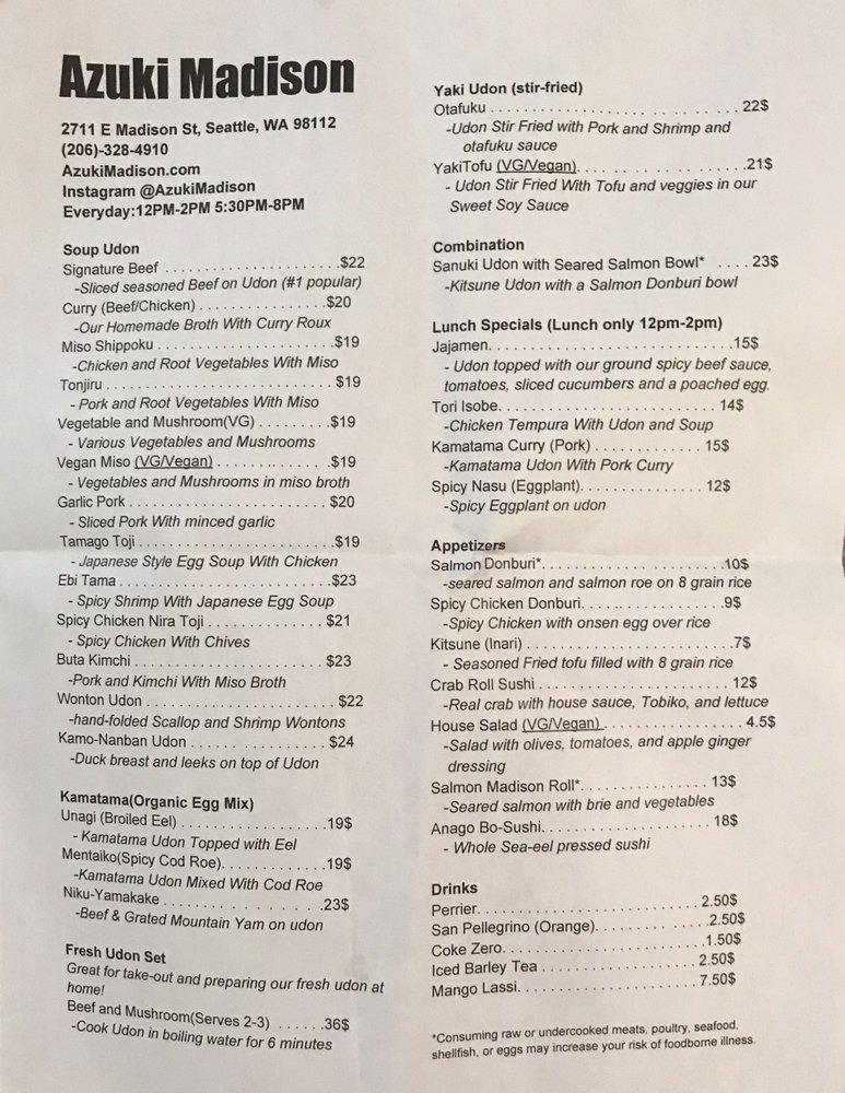 Menu at Azuki restaurant, Seattle