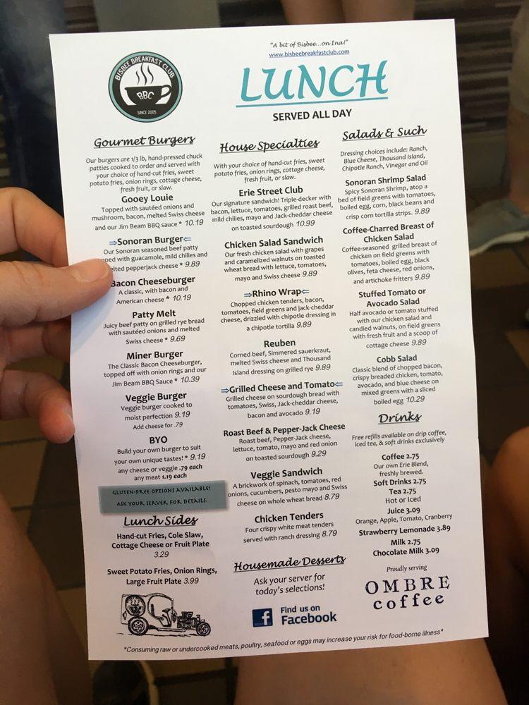 Menu at Bisbee Breakfast Club, Tucson, W Ina Rd