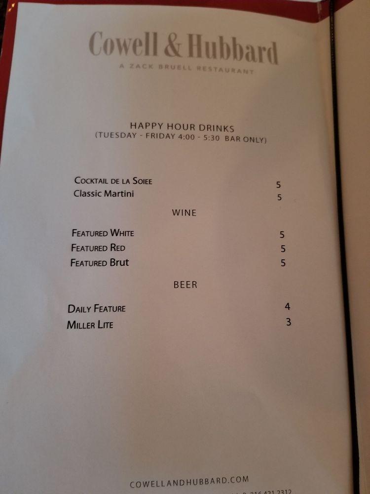 Menu at Cowell & Hubbard, Cleveland