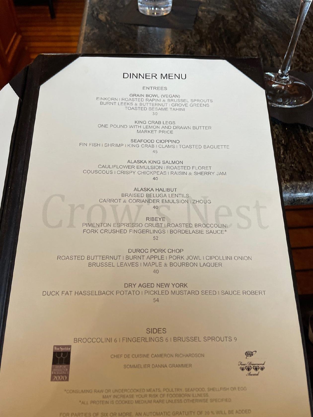 Menu at Crow's Nest pub & bar, Anchorage