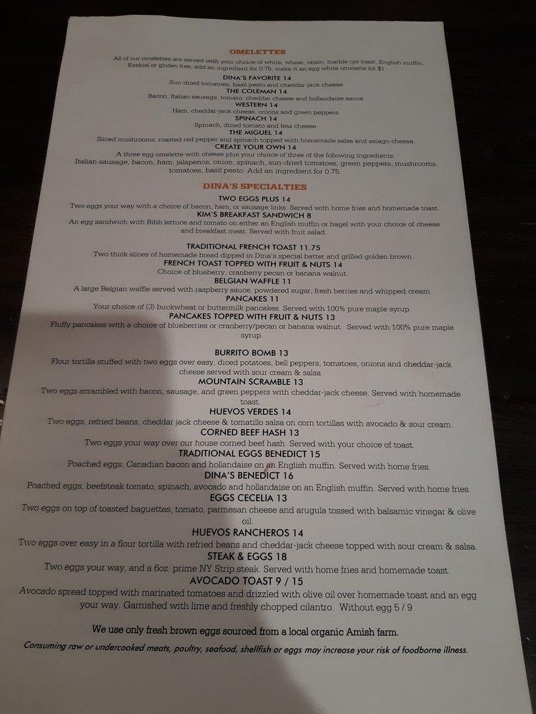 Menu at Dina's restaurant, Ellicottville