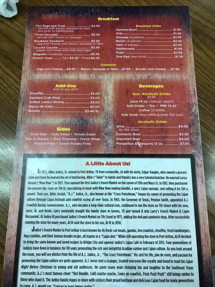 Menu at Judice's Cajun Cafe, Bridge City