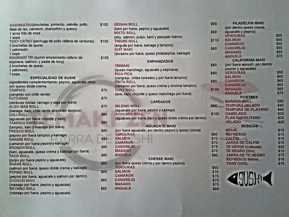 Menu at Temaki Zen restaurant, Texcoco