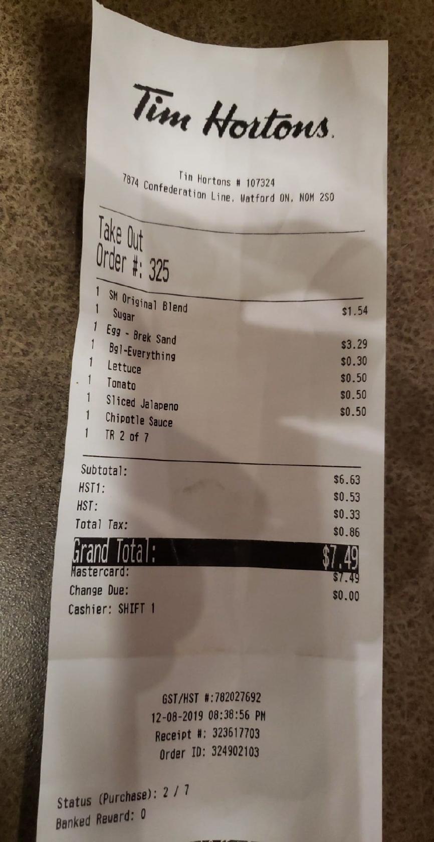 Menu at Tim Hortons restaurant, Watford