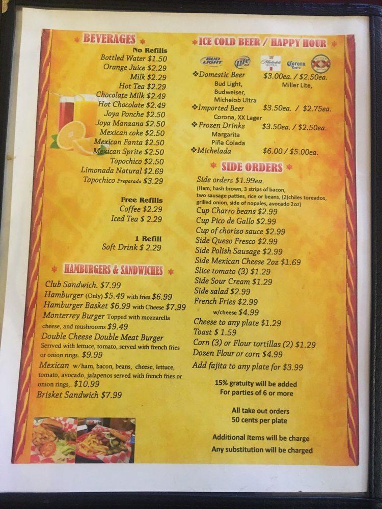 Menu at Zamoras' Restaurant, McAllen, N 23rd St