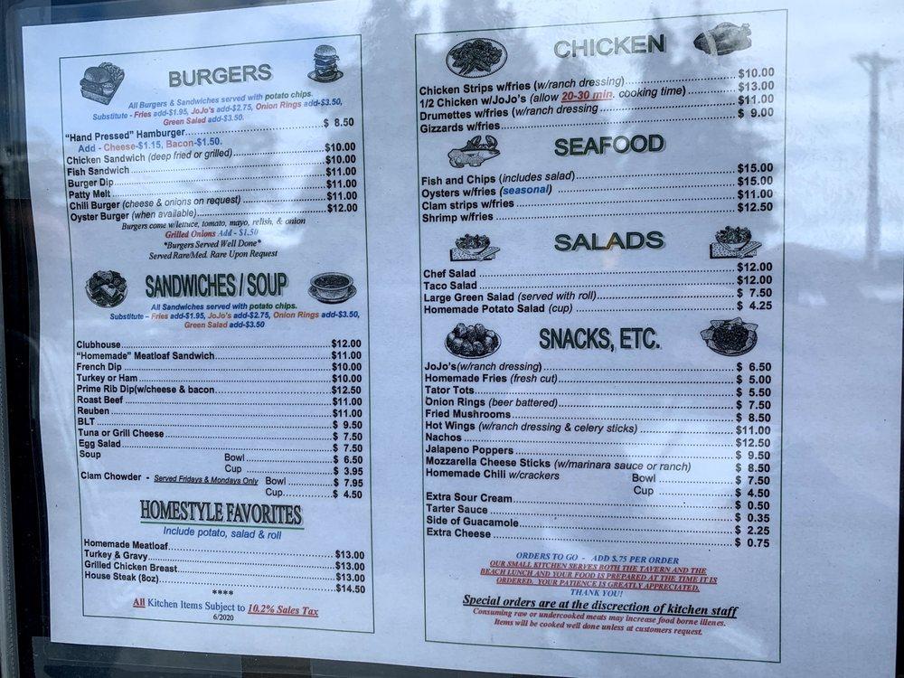 Carta del pub y bar Beach Tavern, Tacoma