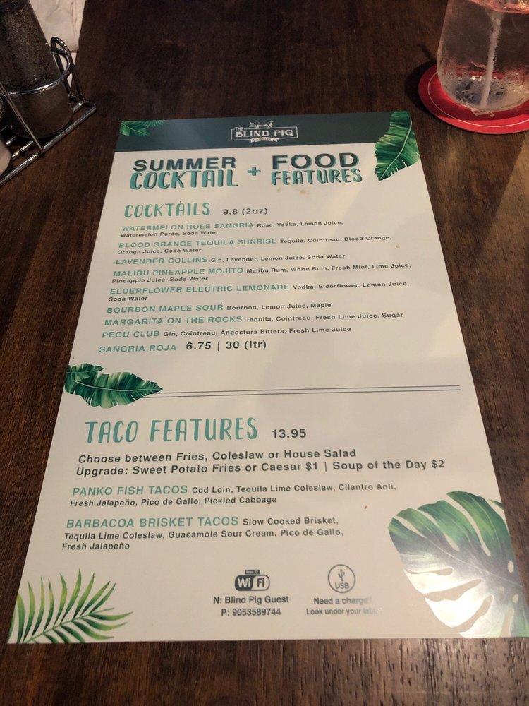 Menu at Blind Pig pub & bar, Niagara Falls