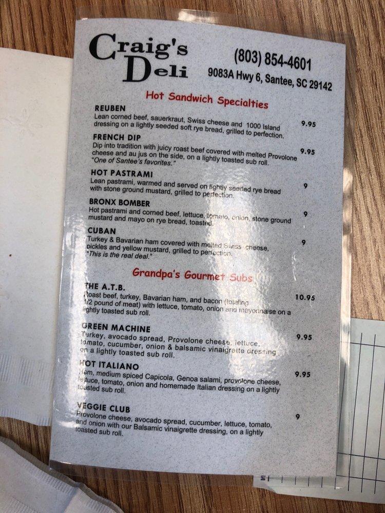 Menu at Craig's Deli cafe, Santee