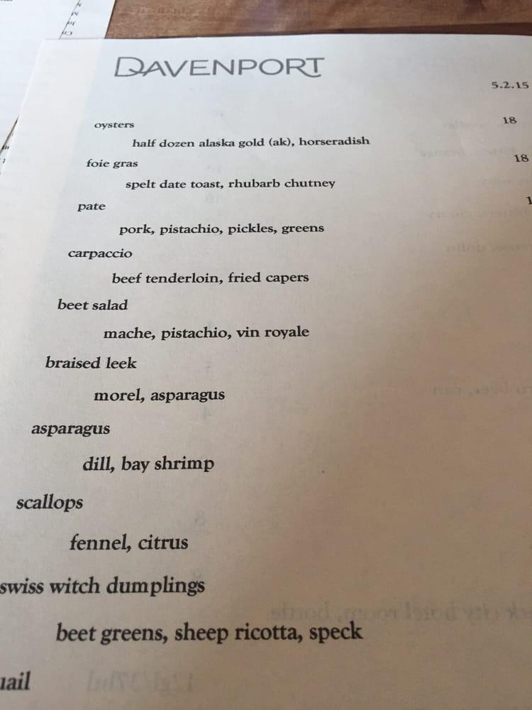 Menu at Davenport restaurant, Portland