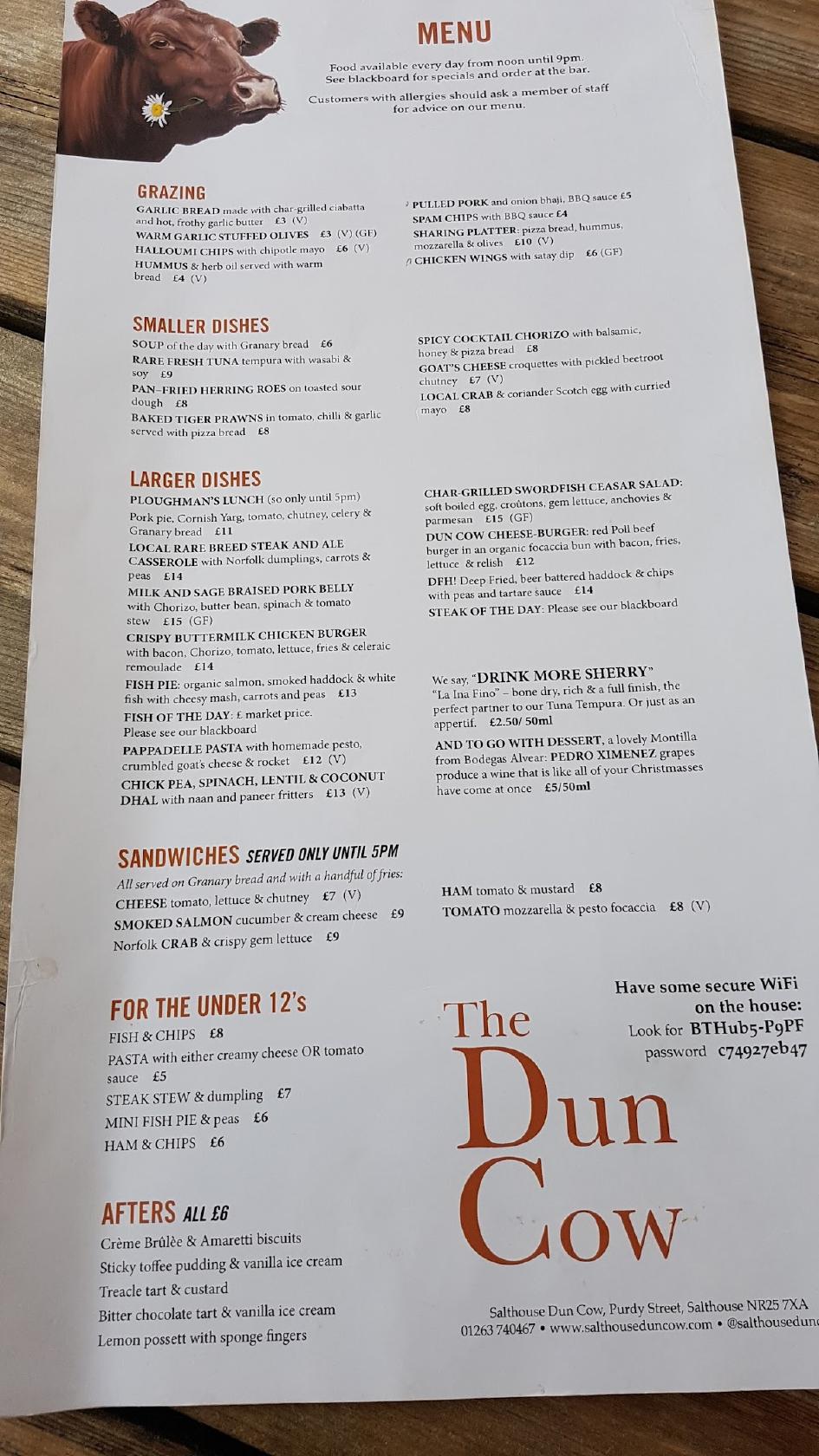 Menu at Dun Cow Salthouse pub & bar, Holt, Purdy St