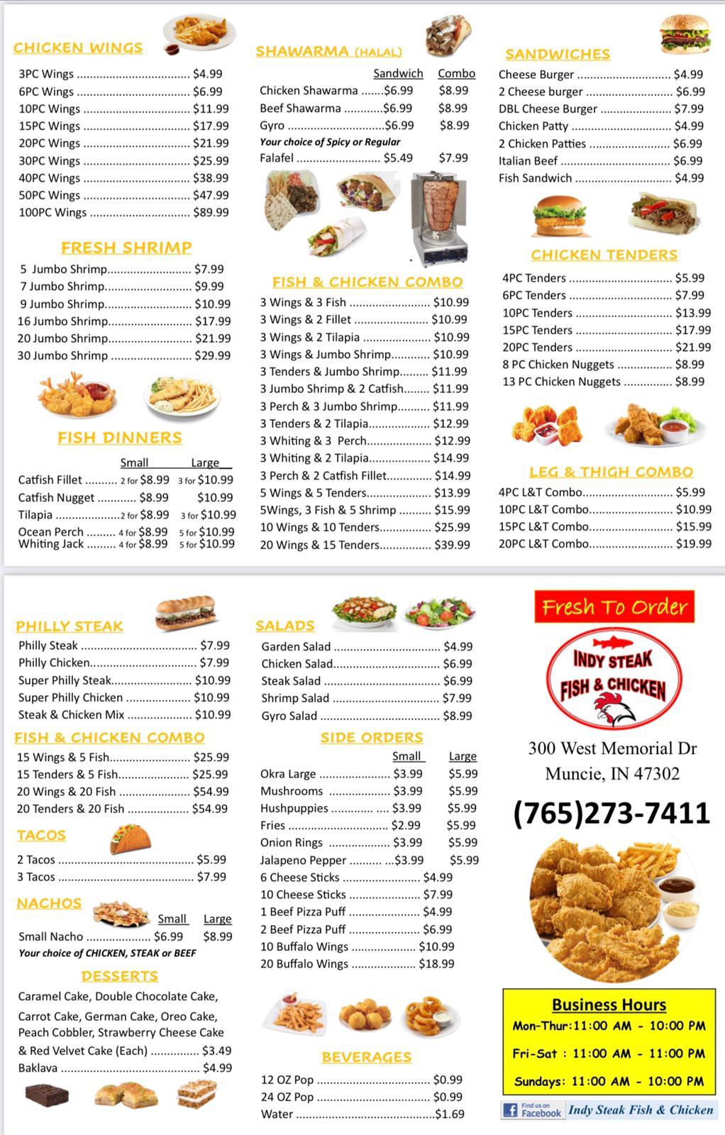 Menu at Indy steak fish & chicken fast food, Muncie