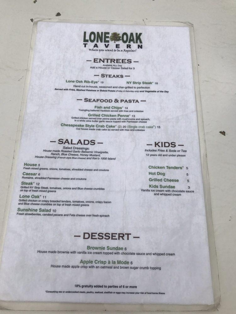 Carta del restaurante Lone Oak Tavern, Boyce