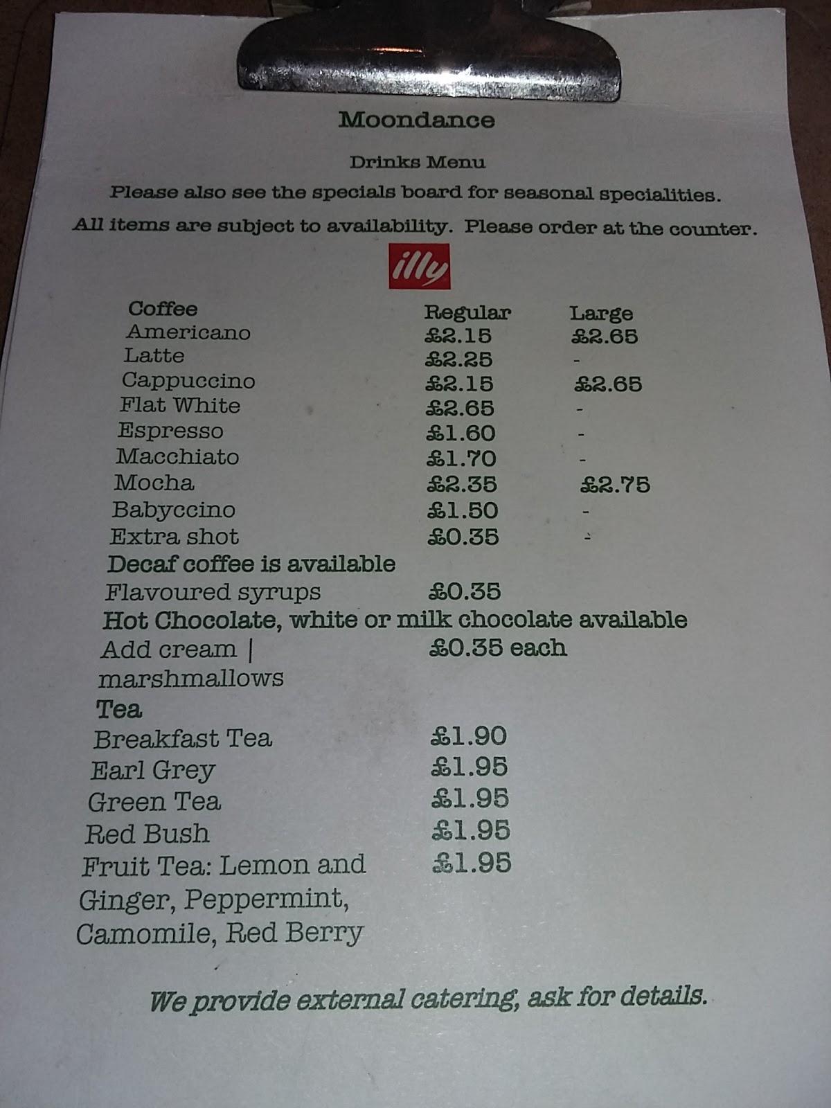 Menu at MoonDance Cafe, Chew Magna