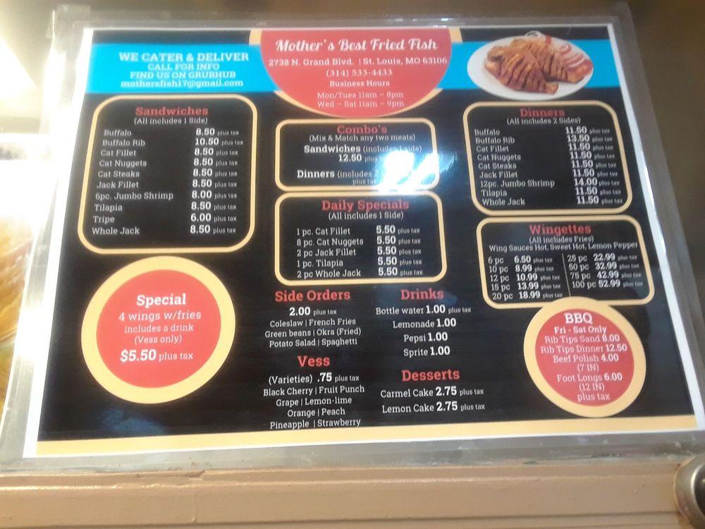 Menu at Mother's Fish restaurant, St. Louis, N Grand Blvd