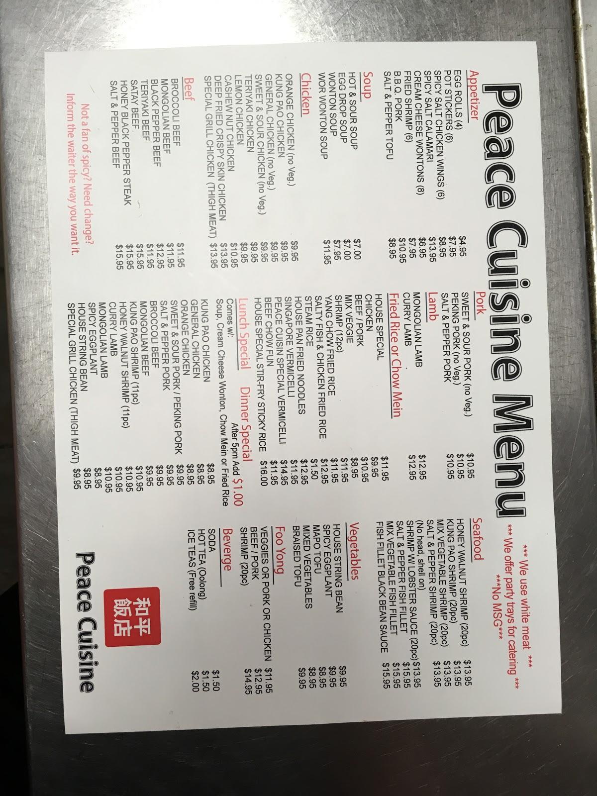 Menu at Peace Cuisine restaurant, West Sacramento