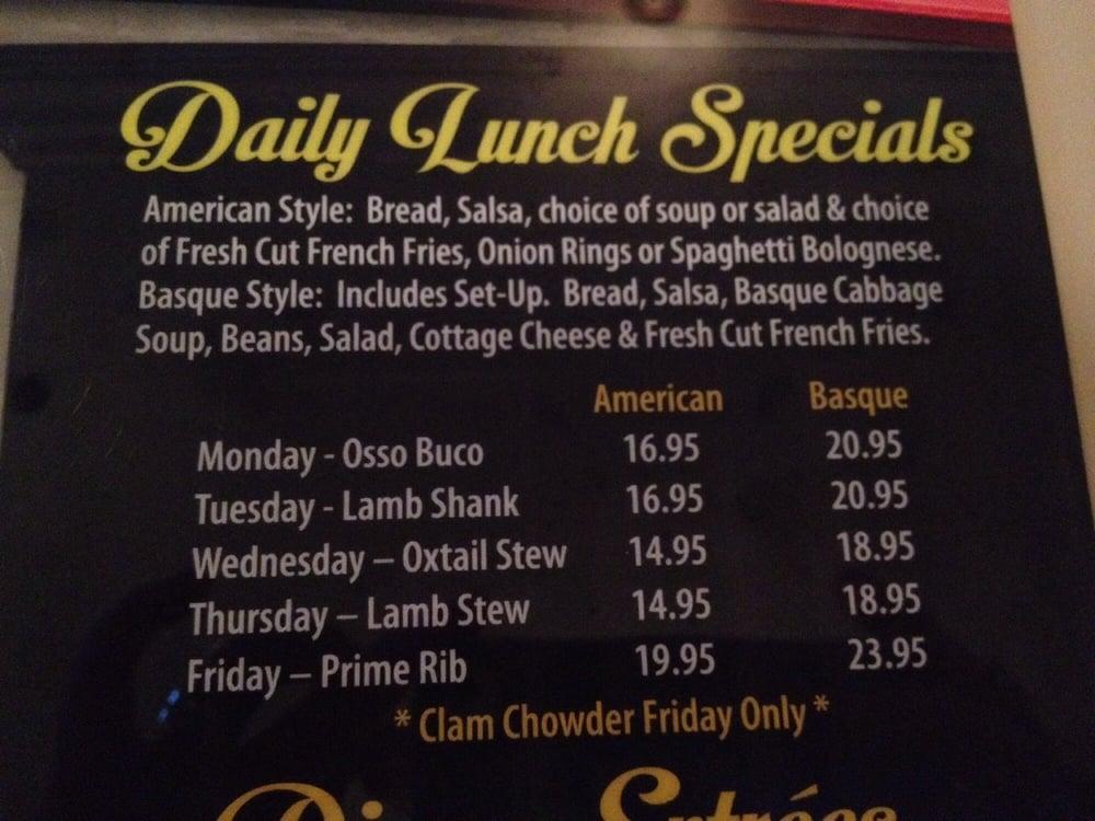 Menu at Pyrenees Cafe, Bakersfield