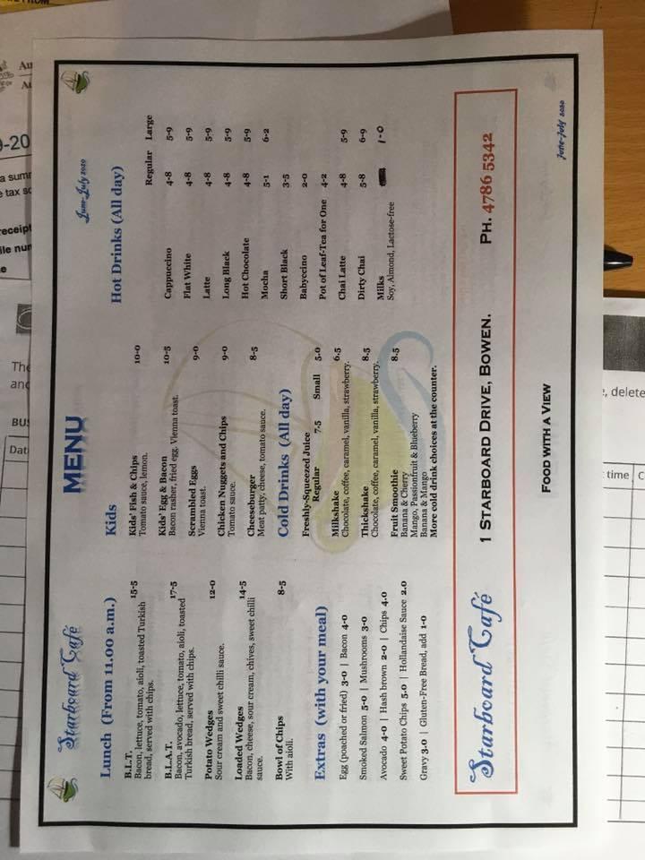 Menu at Starboard Cafe, Bowen