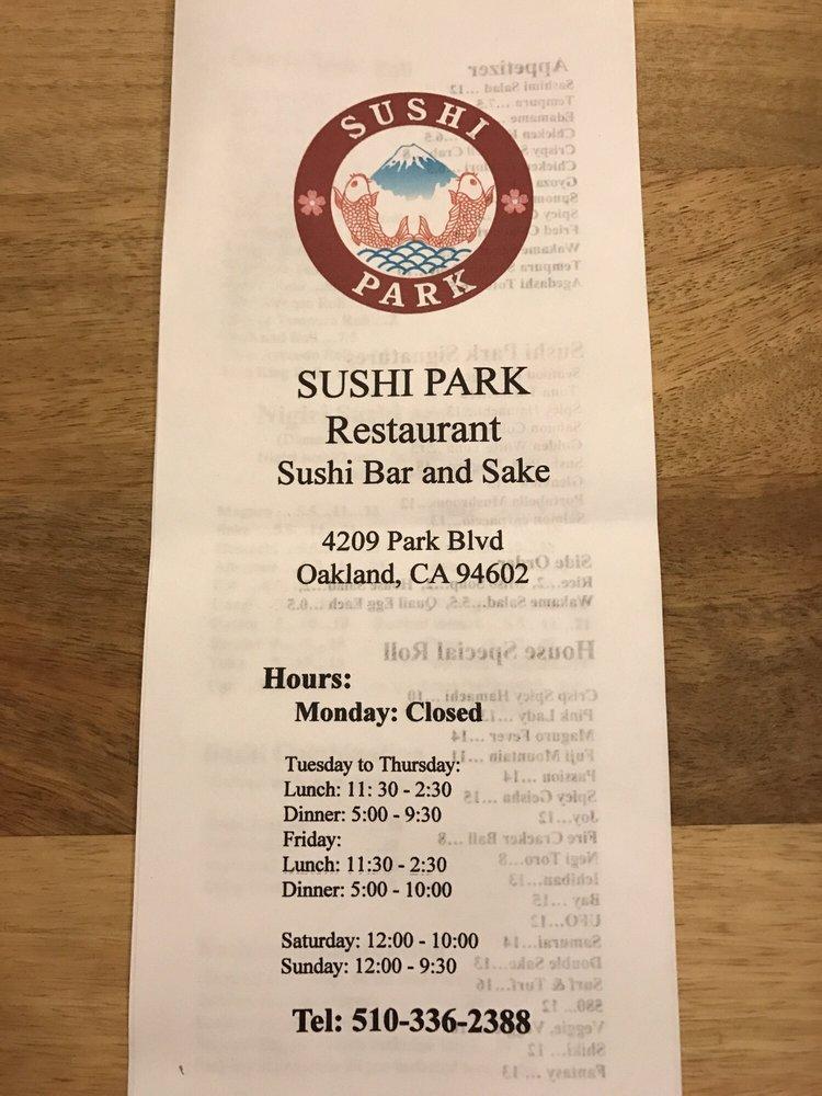 Menu at Sushi Park restaurant, Oakland, Park Blvd