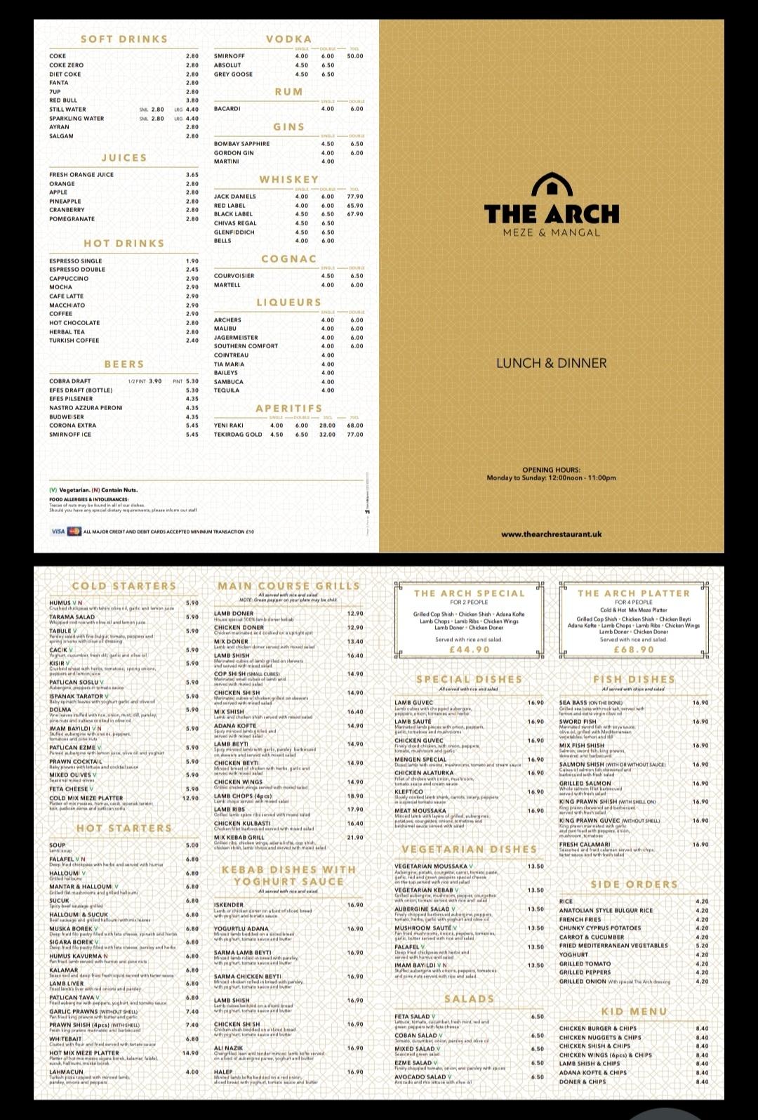 Menu at The Arch Restaurant, Borehamwood, 191-195 Shenley Rd