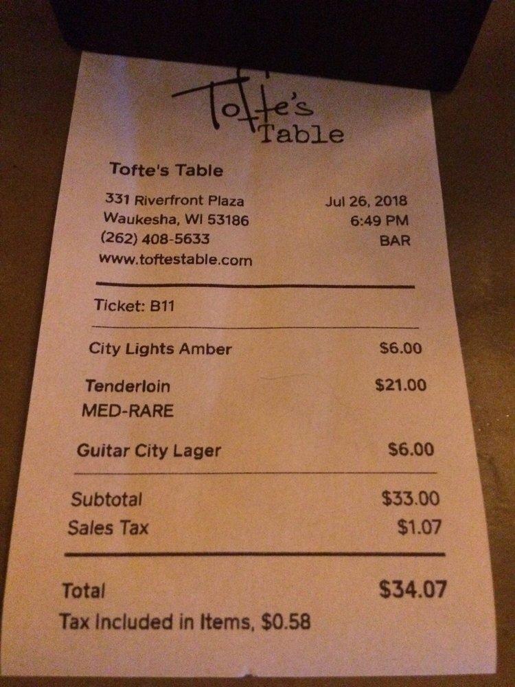 Menu at Tofte's Table pub & bar, Waukesha