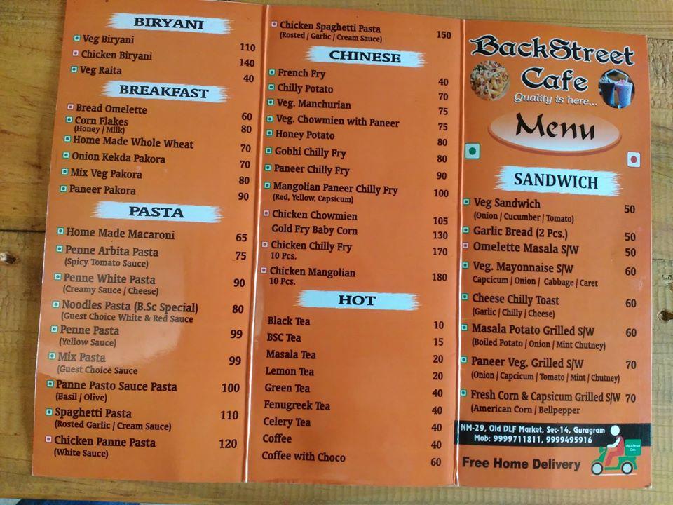 Menu at BackStreet Cafe, Gurugram, NM 29 Old Dlf Market Sector 14 Gurgaon