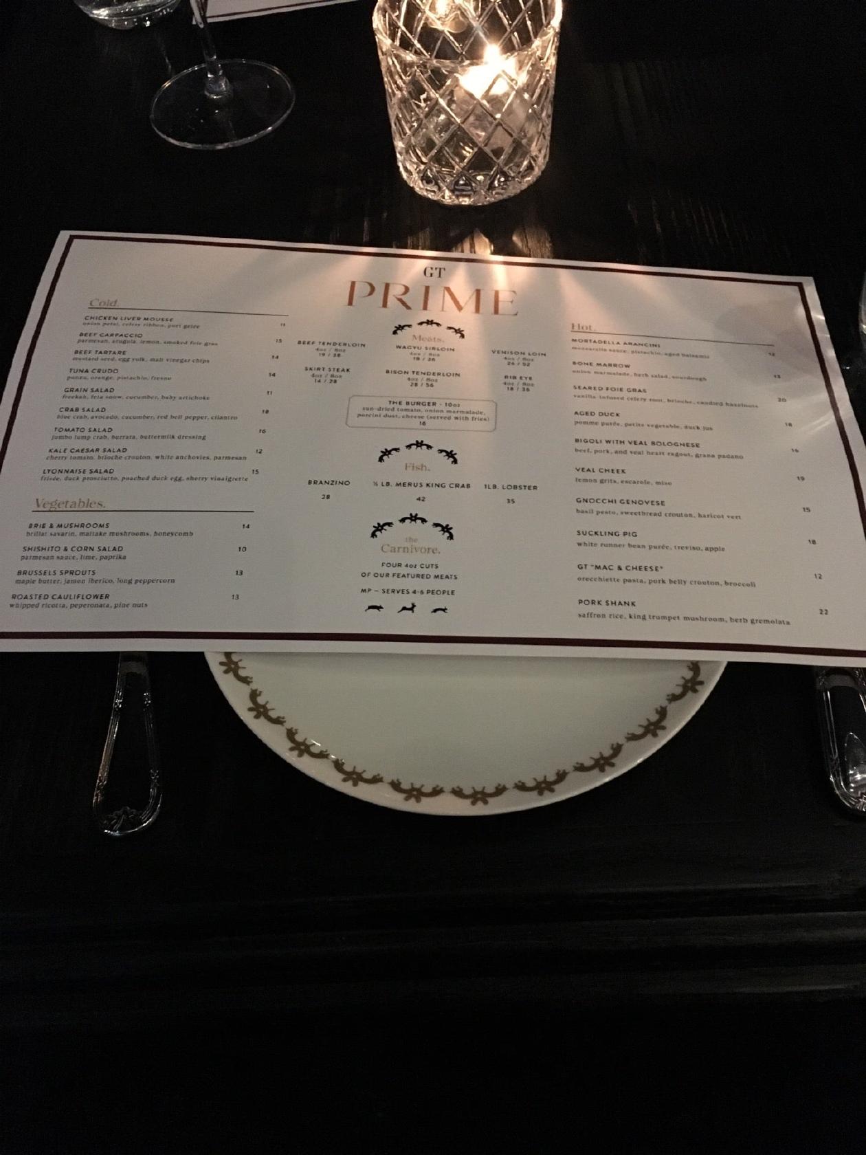 Menu at GT Prime Steakhouse, Chicago, 707 N Wells St