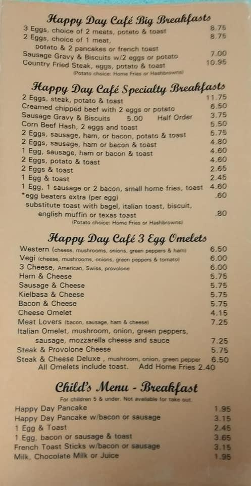 Menu at Happy Day Cafe, Leechburg