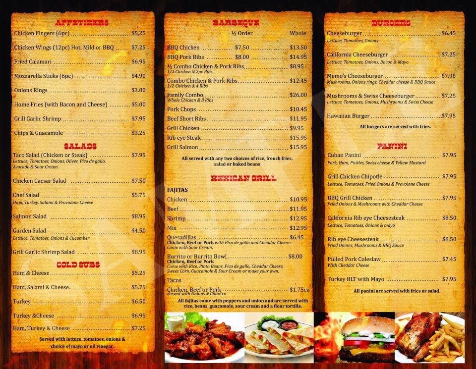 Menu at Memo's Place BBQ, Washington, 235 NJ-31