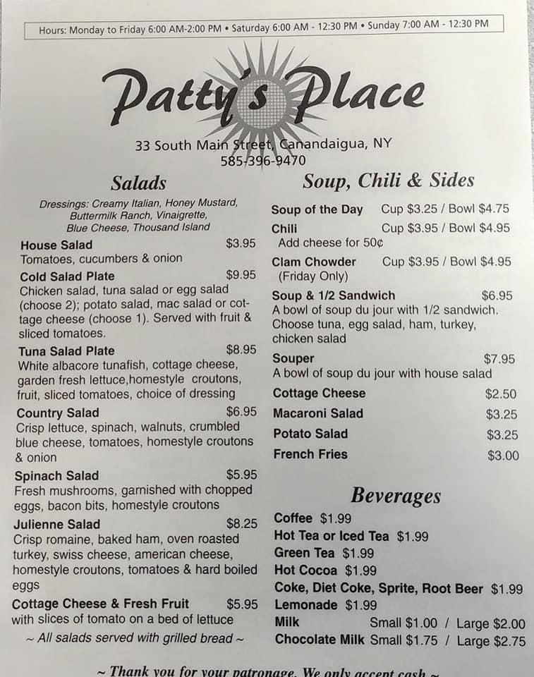 Menu at Patty's Place restaurant, Canandaigua