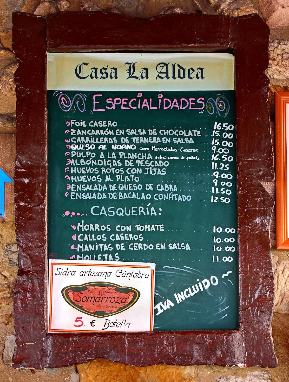 Carta de Restaurante La Aldea, Comillas