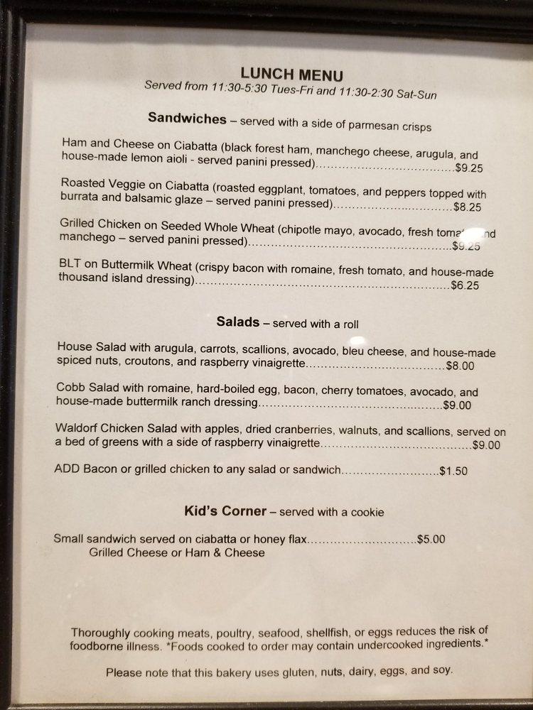 Menu at Scratch Baking cafe, Milford
