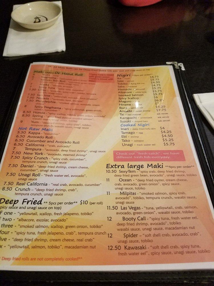 Menu at Sen Dai Sushi restaurant, Milpitas