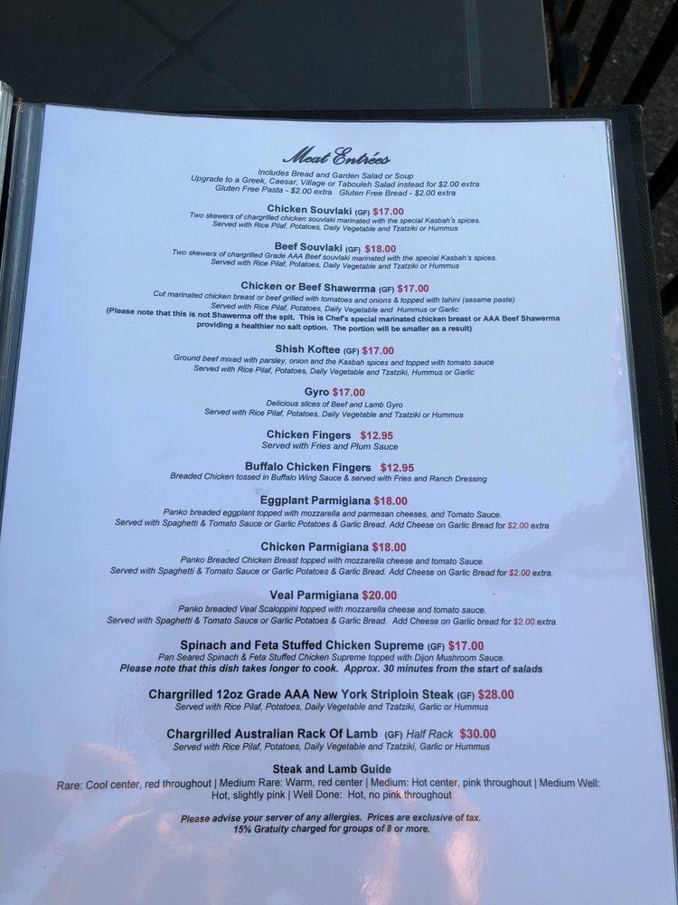 Menu at The Kasbah Mediterranean restaurant, Niagara Falls