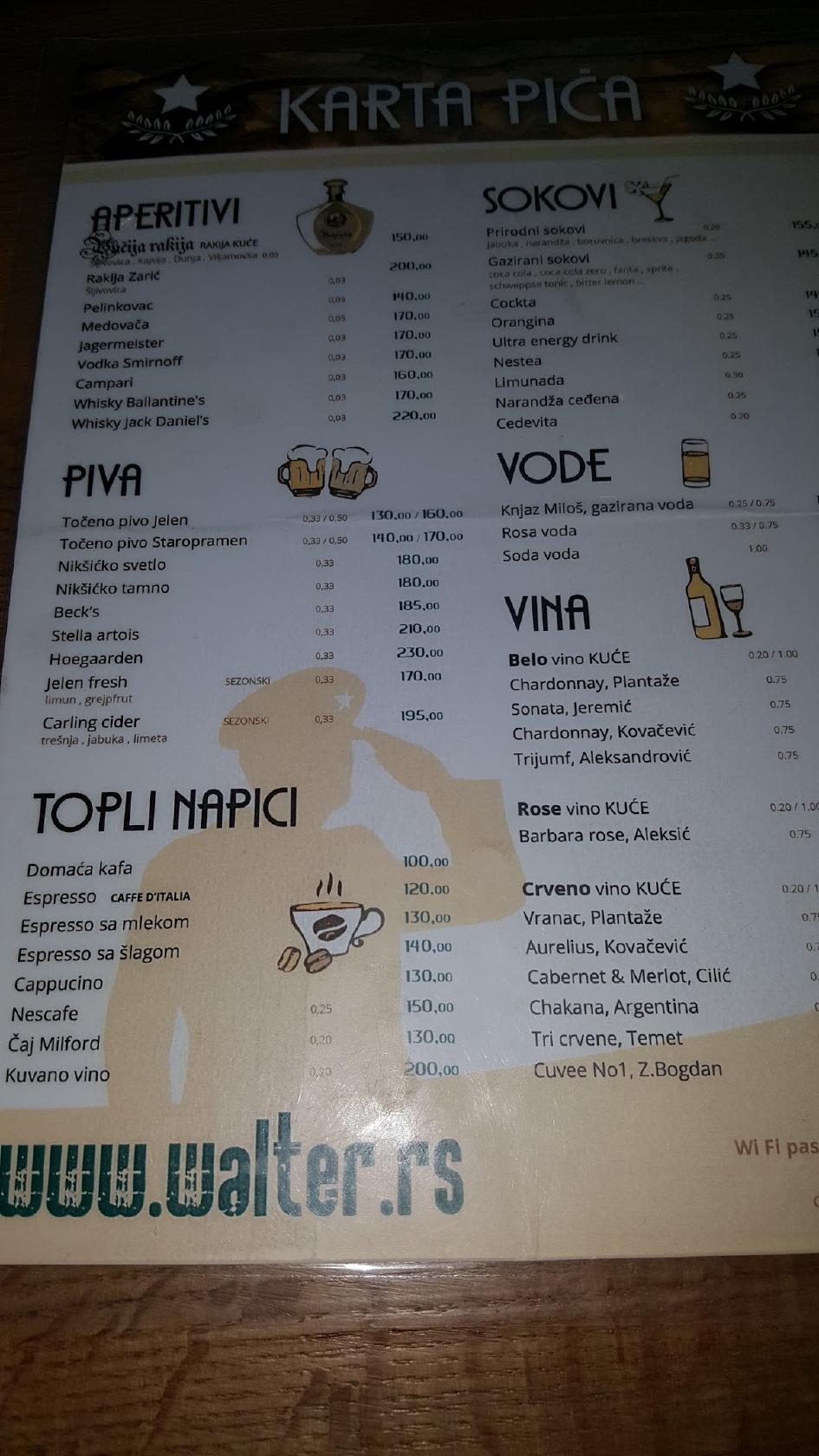 Menu at Walter Sarajevski Cevap No. 6 restaurant, Belgrade, Višnjička 84