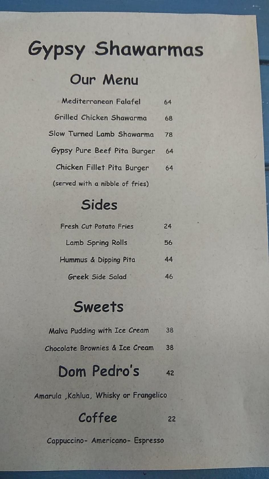 Menu at Gypsy Shawarmas and Fish restaurant, Port Elizabeth