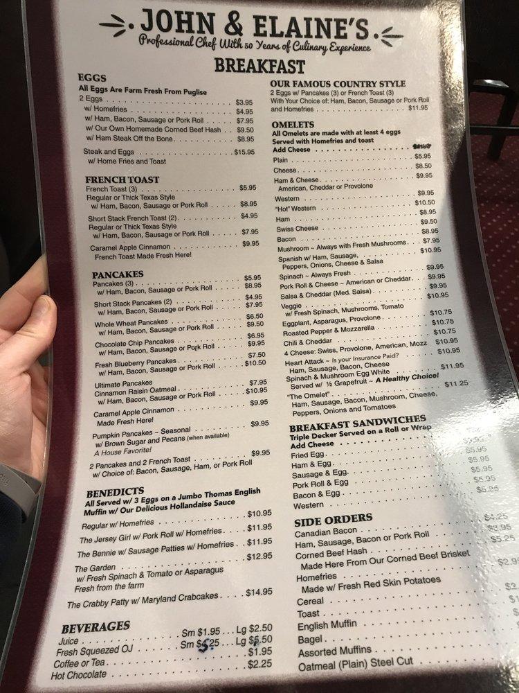 Menu at John & Elaine's Restaurant, Point Pleasant Beach
