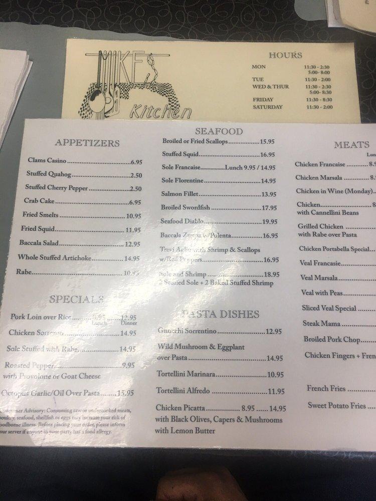 Menu at Mike's Kitchen restaurant, Cranston