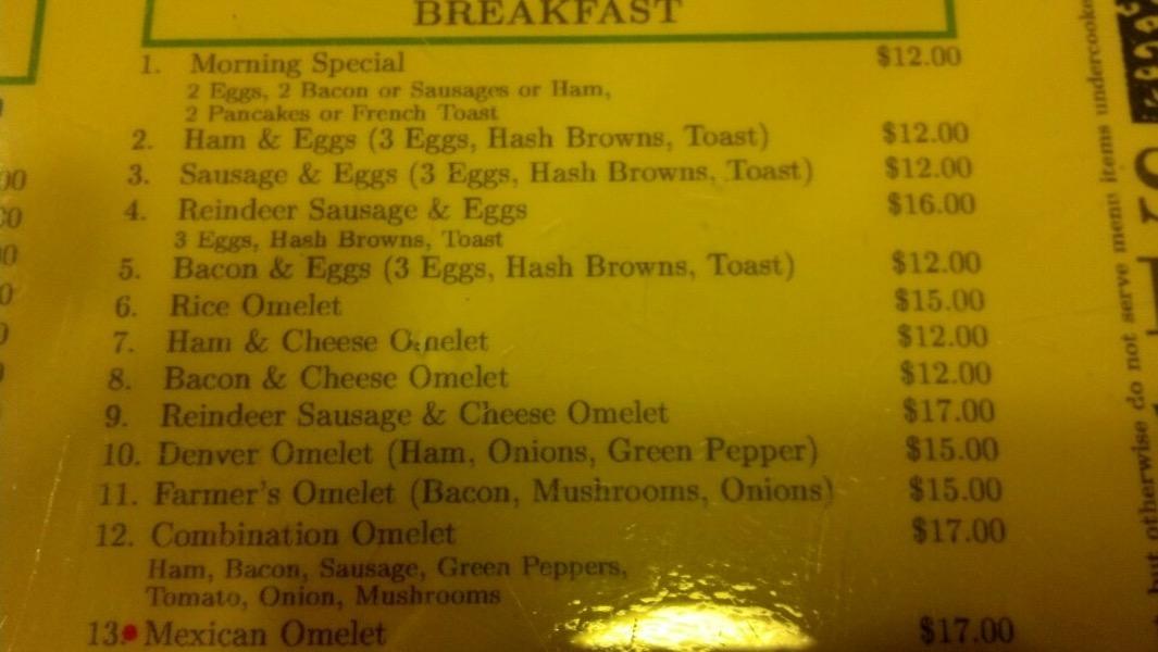 Menu at Sam & Lee's Restaurant, Utqiagvik