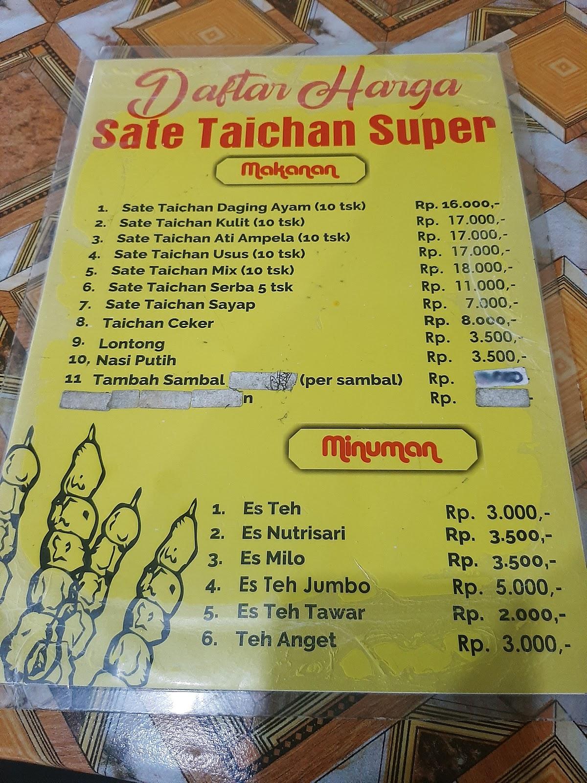 Menu at Sate Taichan Super restaurant, Semarang, Jl. Tirto Agung No.37