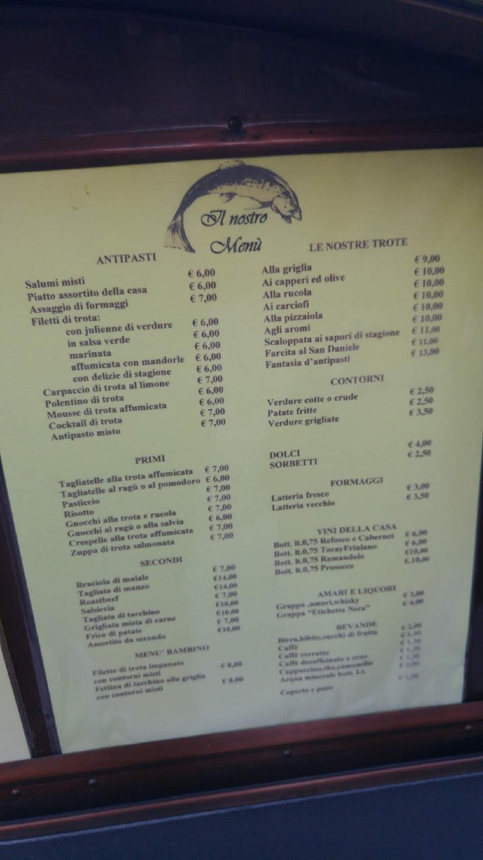 Menu da Trattoria Al Torrente ristorante, Cergneu Superiore