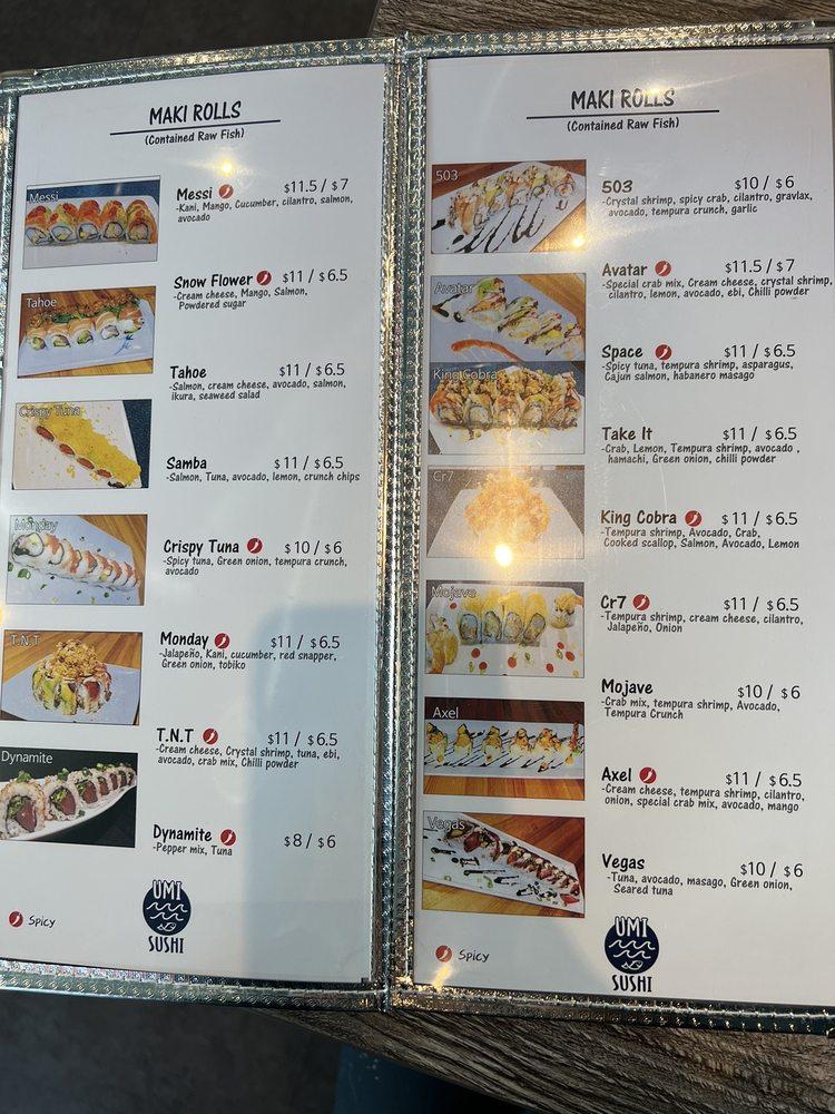 Menu at Umi Sushi restaurant, Reno