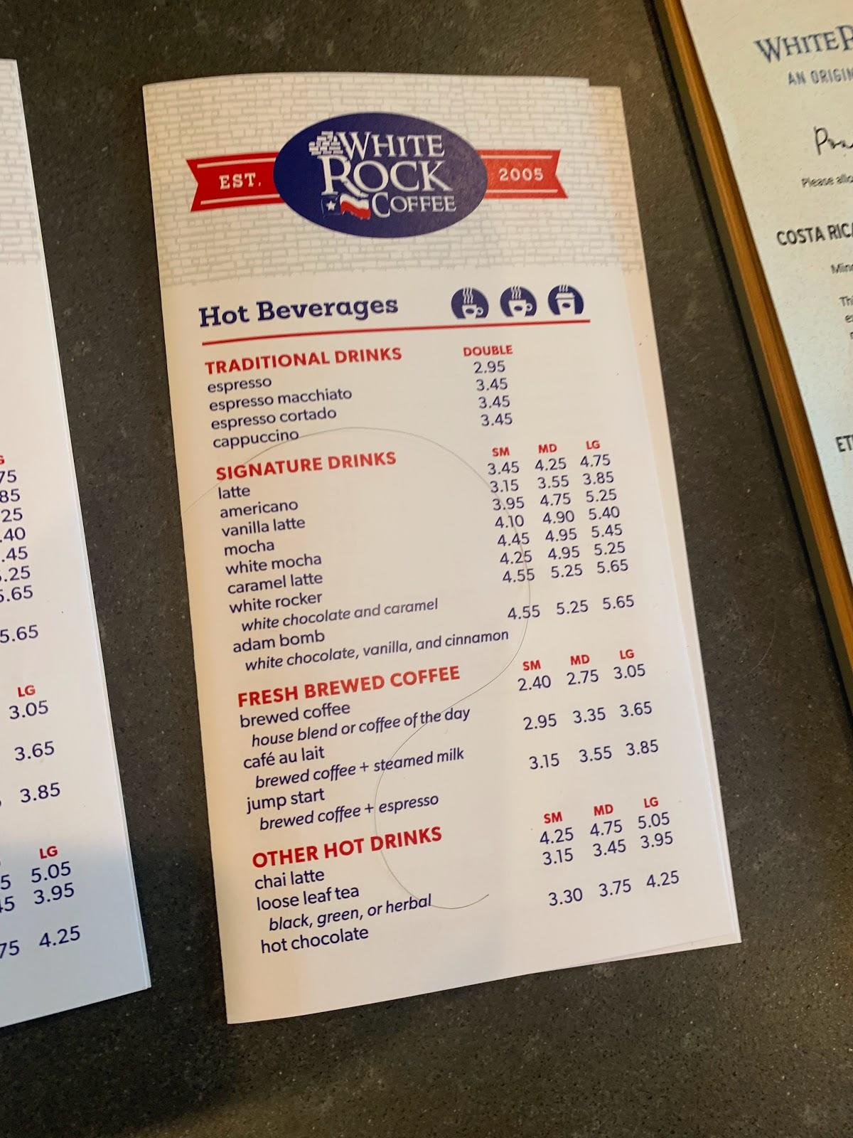 Carta del café White Rock Coffee, Dallas, D Royal Ln