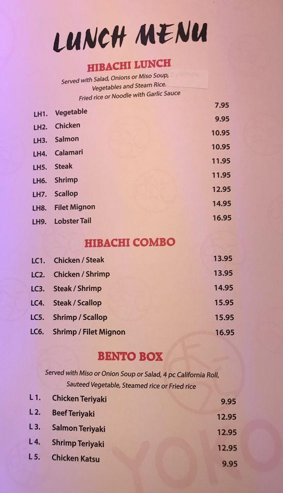 Menu at Yoko Japanese Kitchen restaurant, Cypress