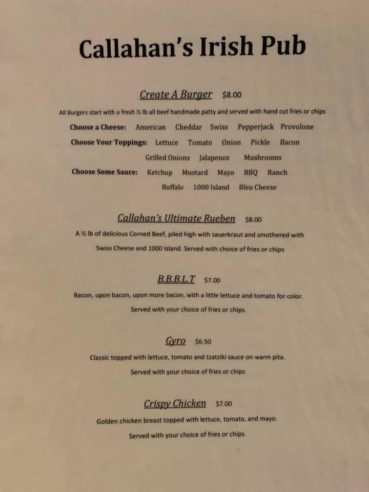 Menu at Callahans Irish Pubs, Warren